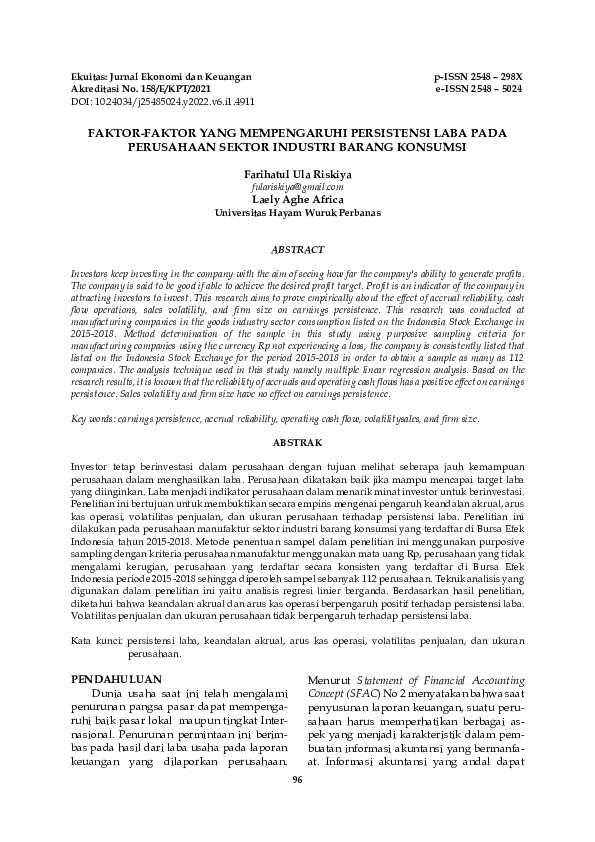 (PDF) Faktor-Faktor Yang Mempengaruhi Persistensi Laba Pada Perusahaan Sektor Industri Barang ...