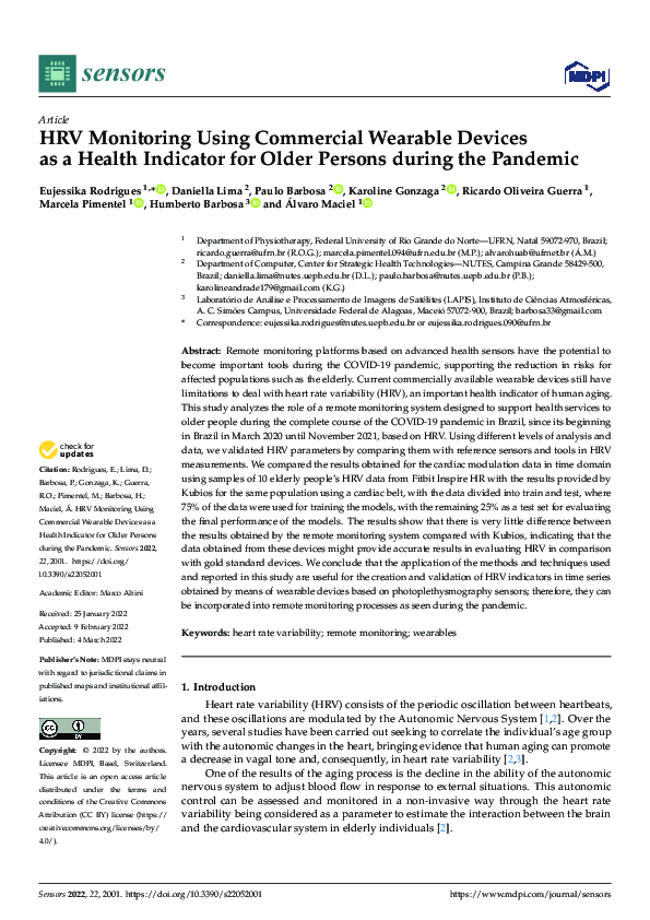 (PDF) HRV Monitoring Using Commercial Wearable Devices as a Health Indicator for Older Persons ...