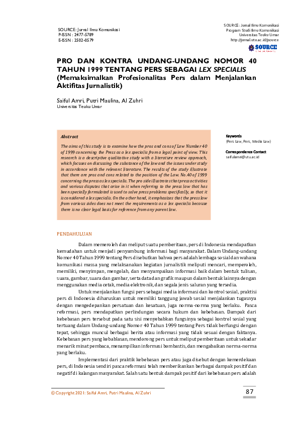 (PDF) PRO DAN KONTRA UNDANG-UNDANG NOMOR 40 TAHUN 1999 TENTANG PERS ...