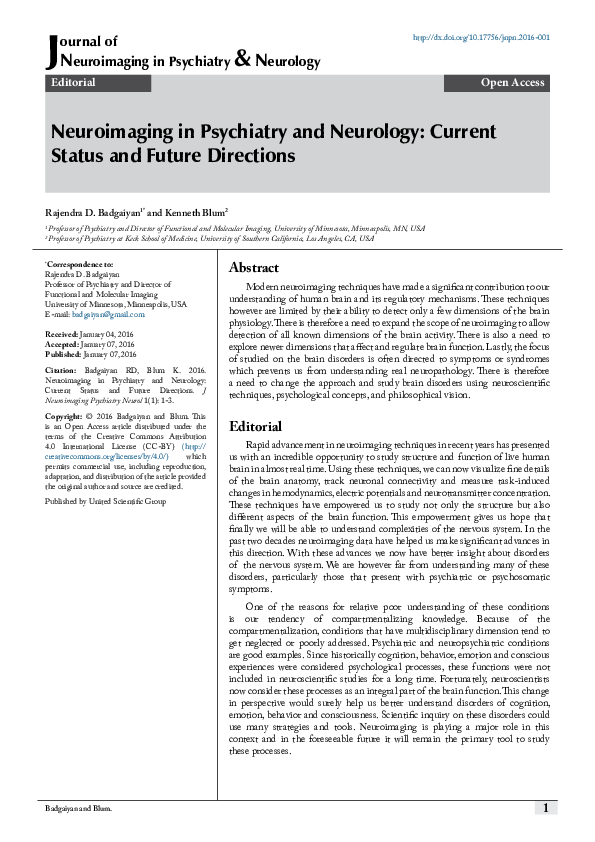 (PDF) Neuroimaging in Psychiatry and Neurology: Current Status and Future Directions