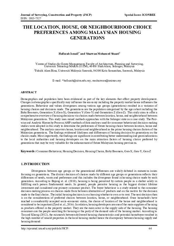 (PDF) The Location, House, or Neighbourhood Choice Preferences Among ...