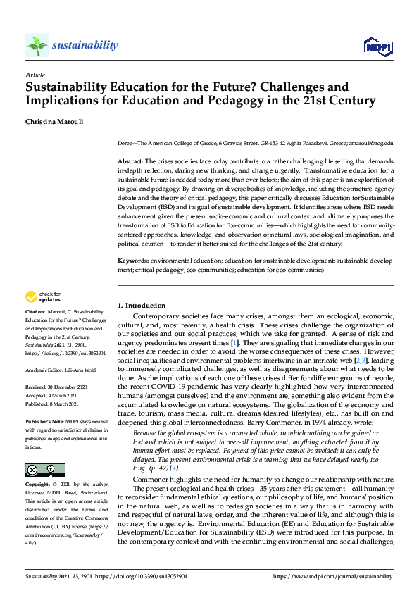 (PDF) Sustainability Education for the Future? Challenges and Implications for Education and ...