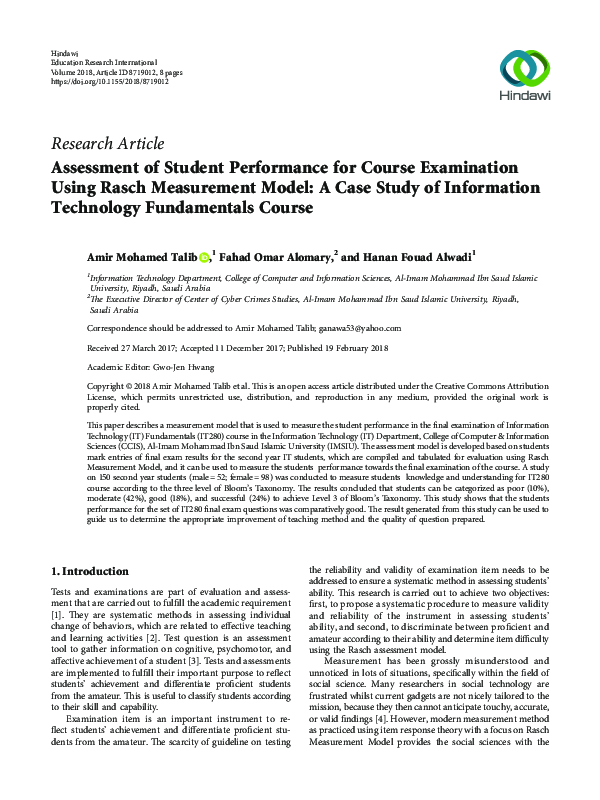 (PDF) Assessment of Student Performance for Course Examination Using ...