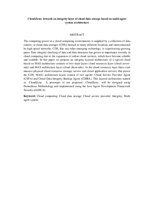 Pdf Cloudzone Towards An Integrity Layer Of Cloud Data Storage Based On Multi Agent System