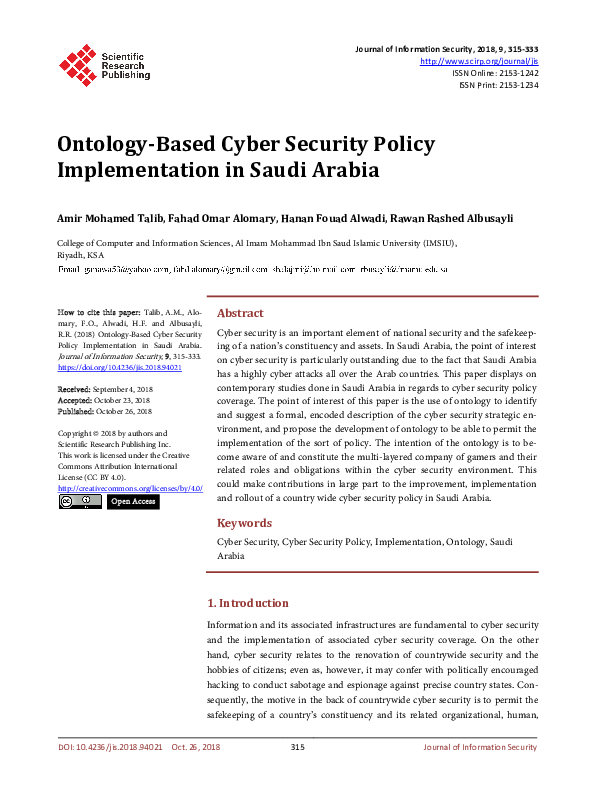 Pdf Ontology Based Cyber Security Policy Implementation In Saudi Arabia