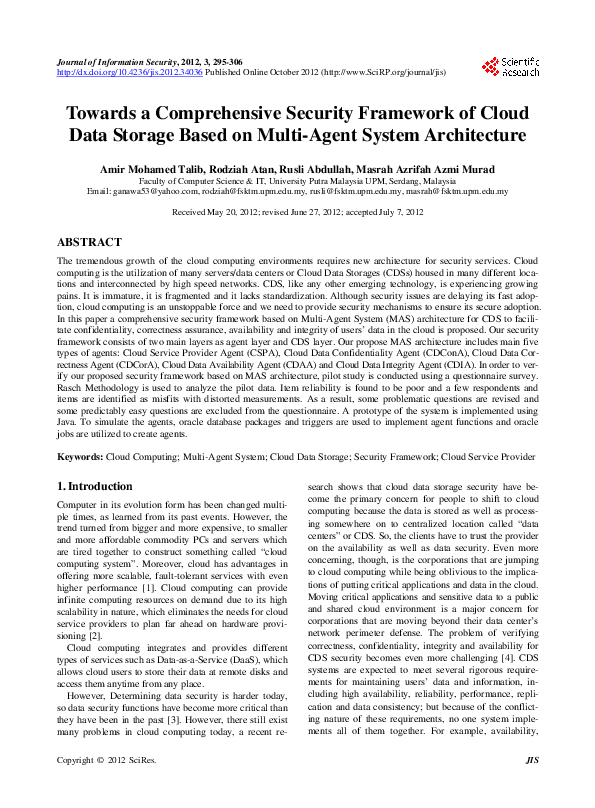 (PDF) Towards a Comprehensive Security Framework of Cloud Data Storage Based on Multi Agent ...