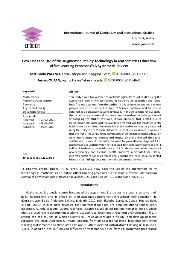 Pdf How Does The Use Of The Augmented Reality Technology In Mathematics Education Affect
