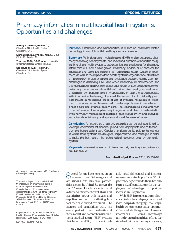 (PDF) Pharmacy informatics in multihospital health systems: Opportunities and challenges