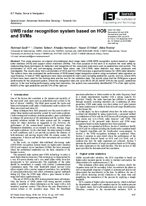 (PDF) UWB radar recognition system based on HOS and SVMs