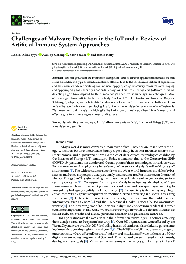 (PDF) Challenges of Malware Detection in the IoT and a Review of Artificial Immune System Approaches