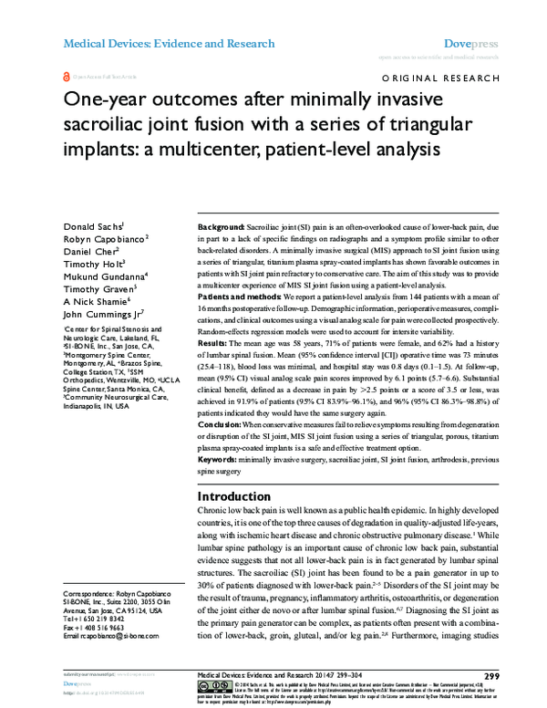 (PDF) One-year outcomes after minimally invasive sacroiliac joint ...