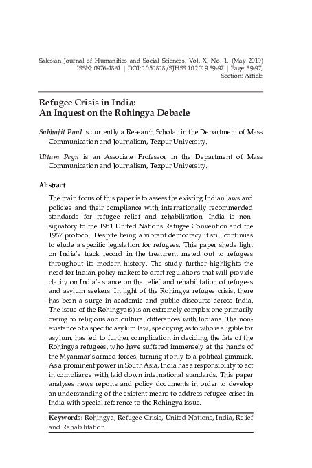 (PDF) Refugee Crisis in India: A inquest on the Rohingya Debacle