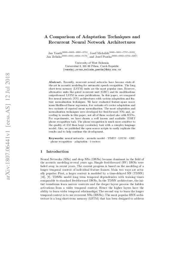 (PDF) A Comparison of Adaptation Techniques and Recurrent Neural Network Architectures
