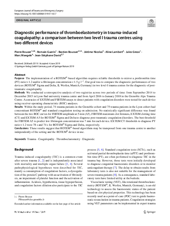 (PDF) Diagnostic performance of thromboelastometry in trauma-induced ...