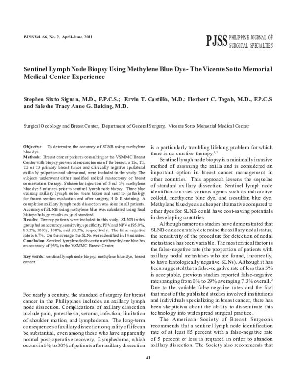 (PDF) Sentinel Lymph Node Biopsy Using Methylene Blue Dye-The Vicente ...