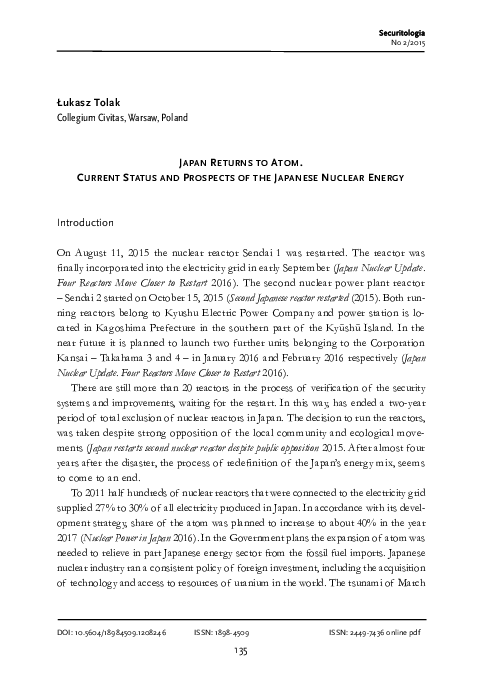 (PDF) Japan Returns to Atom. Current Status and Prospects of the ...