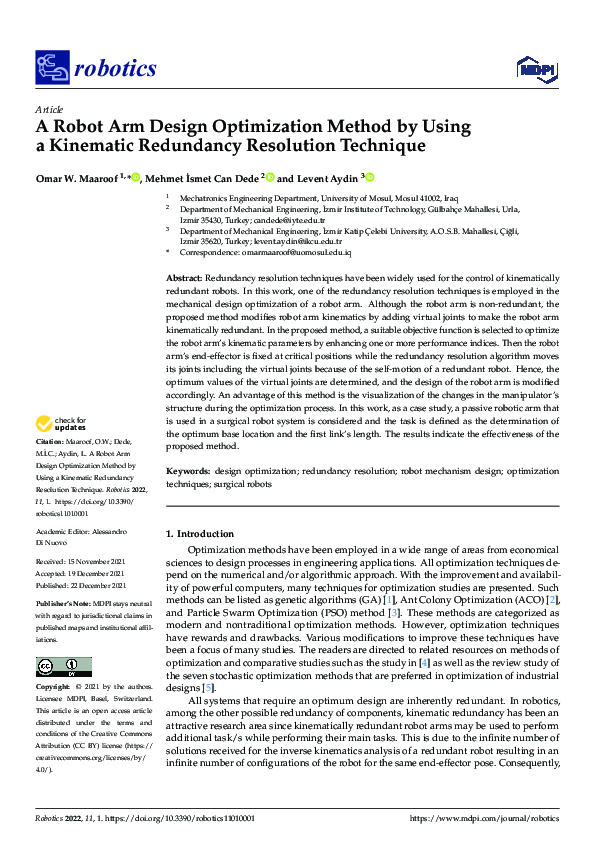 Pdf A Robot Arm Design Optimization Method By Using A Kinematic Redundancy Resolution Technique