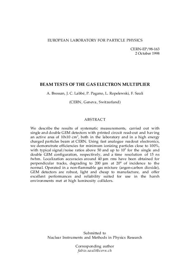 Pdf Beam Tests Of The Gas Electron Multiplier