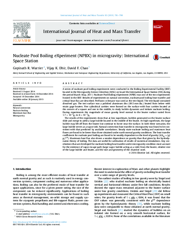 (PDF) Nucleate Pool Boiling eXperiment (NPBX) in microgravity ...