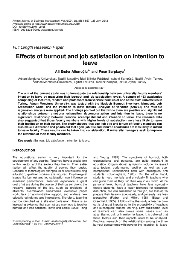 (PDF) Effects of burnout and job satisfaction on intention to leave