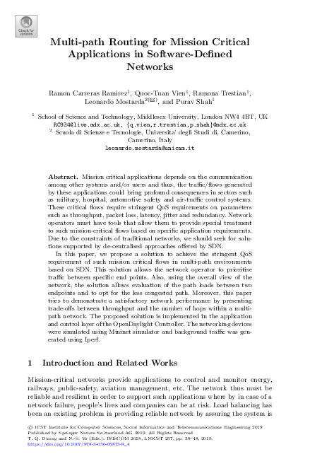 Pdf Multi Path Routing For Mission Critical Applications In Software Defined Networks