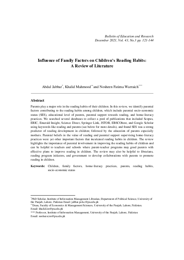 (PDF) Influence of Family Factors on Children's Reading Habits: A ...