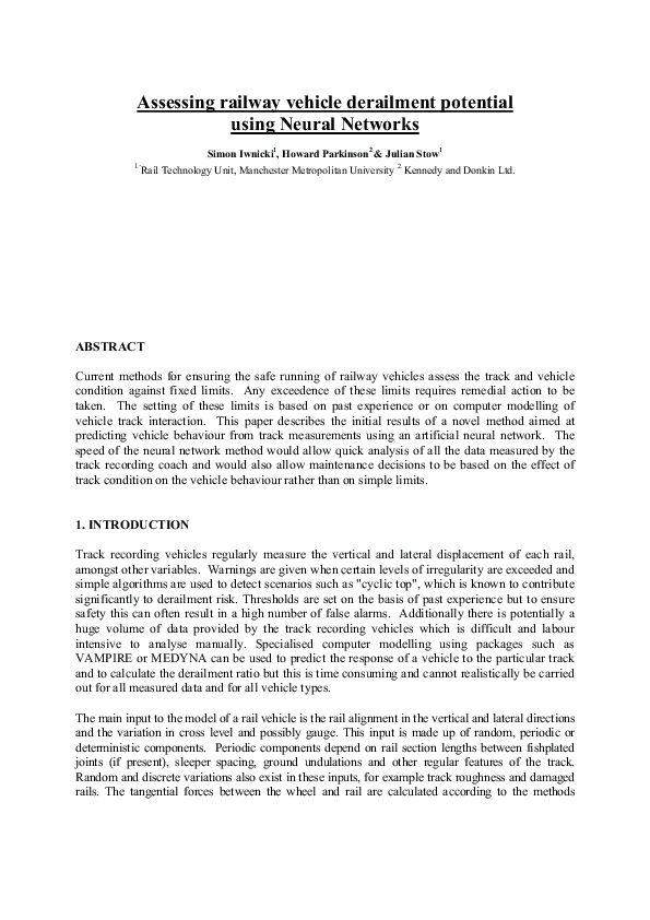 (PDF) Assessing railway vehicle derailment potential using neural networks | Howard Parkinson ...