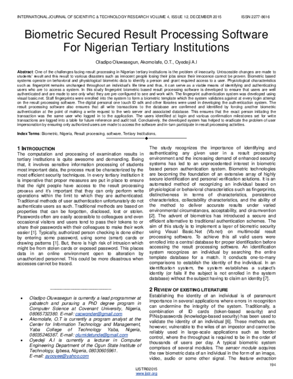 Pdf Biometric Secured Result Processing Software For Nigerian Tertiary Institutions