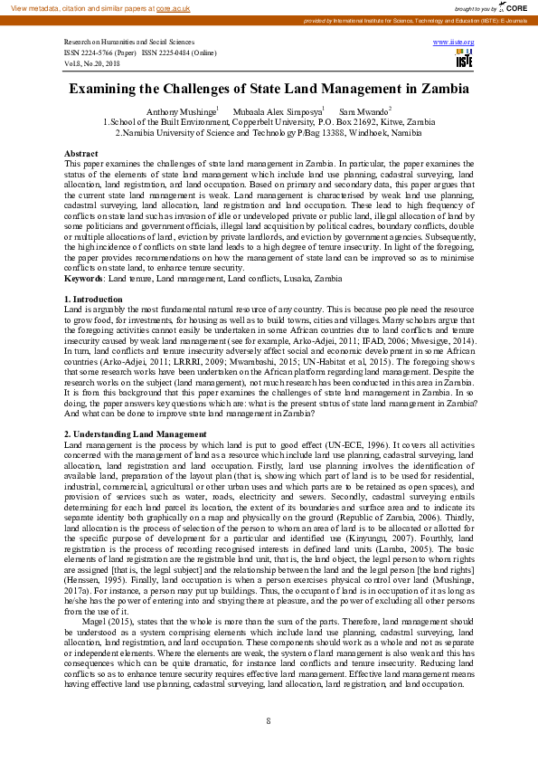 (PDF) Examining the Challenges of State Land Management in Zambia