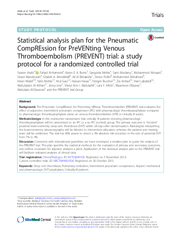 Statistical Analysis Plan For The Pneumatic Compression For Preventing Venous Thromboembolism