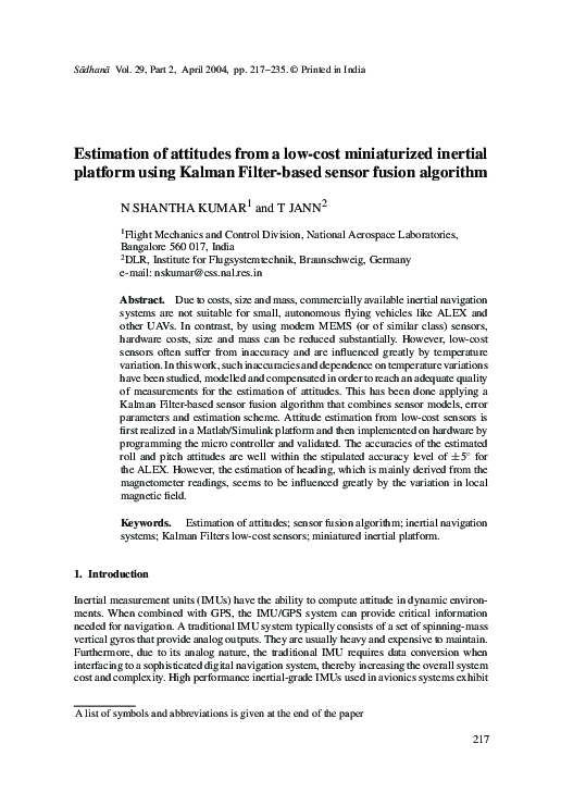 Pdf Estimation Of Attitudes From A Low Cost Miniaturized Inertial Platform Using Kalman Filter
