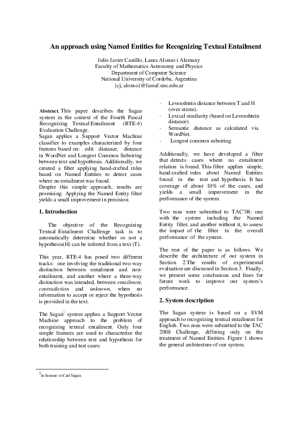 Pdf An Approach Using Named Entities For Recognizing Textual Entailment
