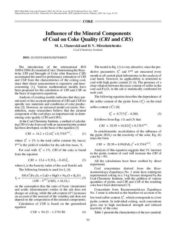 (PDF) Influence of the mineral components of coal on coke quality (CRI and CRS)