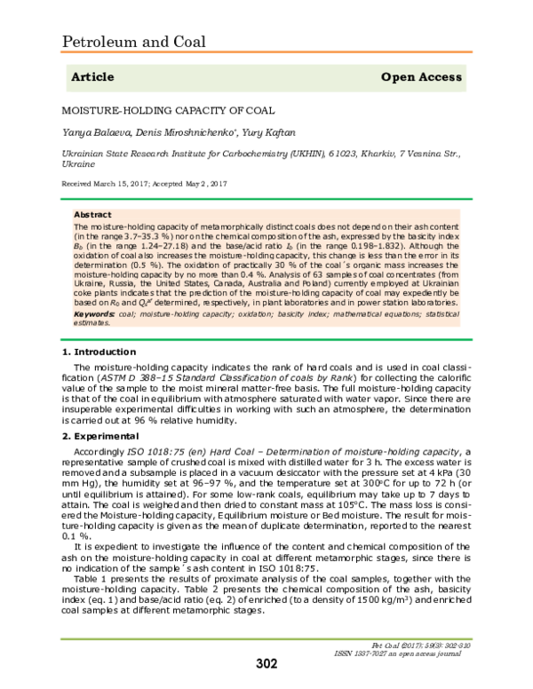 (PDF) Article Open Access MOISTURE-HOLDING CAPACITY OF COAL