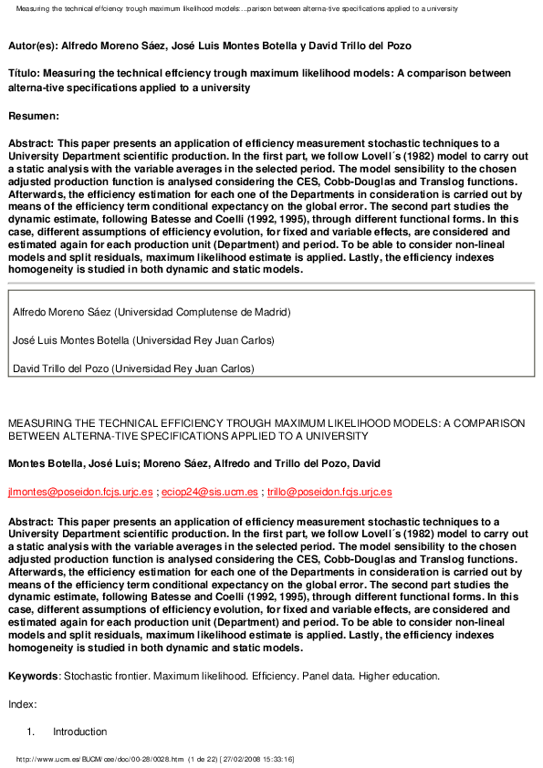(PDF) Measuring the technical efficiency trough maximum likelihood models: A comparison between ...