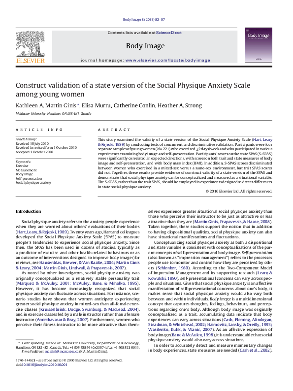 (PDF) Construct validation of a state version of the Social Physique Anxiety Scale among young women