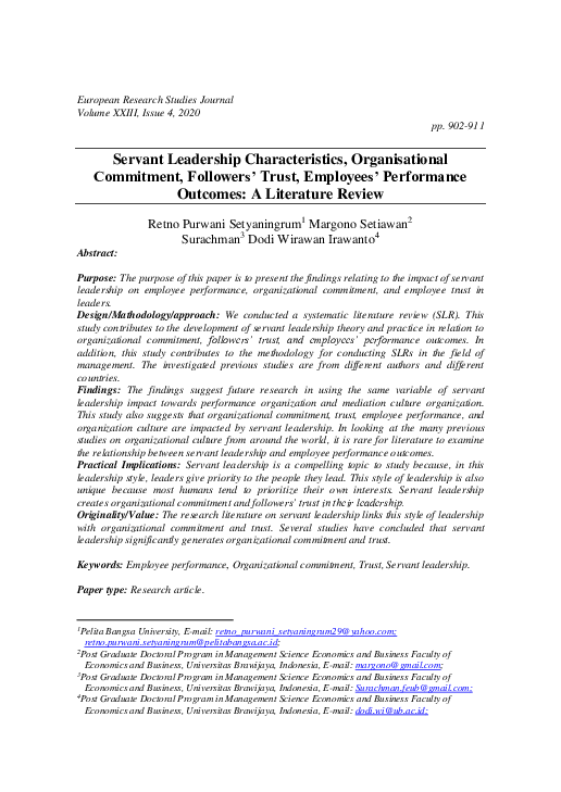 (PDF) Servant Leadership Characteristics, Organisational Commitment ...