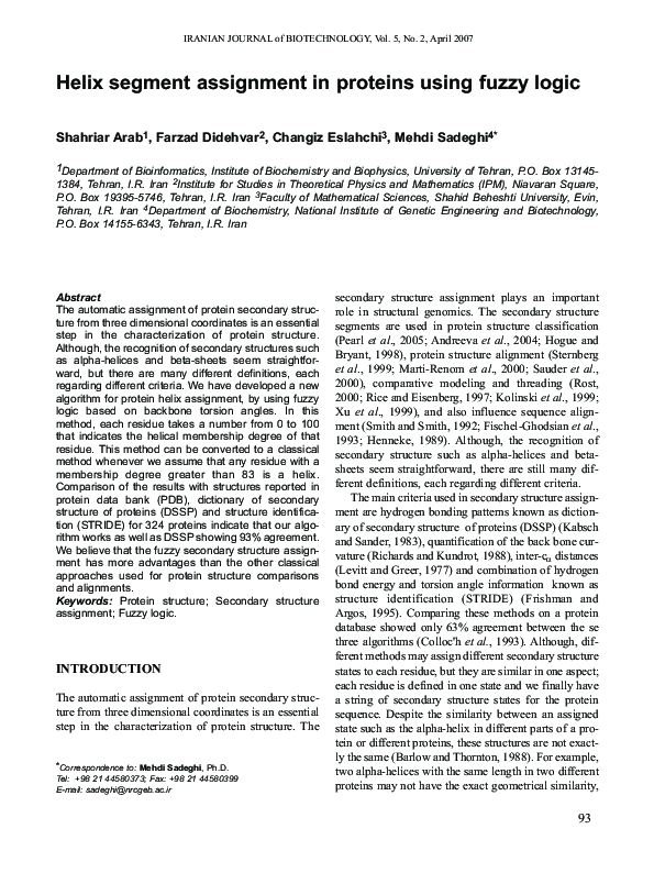 (PDF) Helix Segment Assignment In Proteins Using Fuzzy Logic