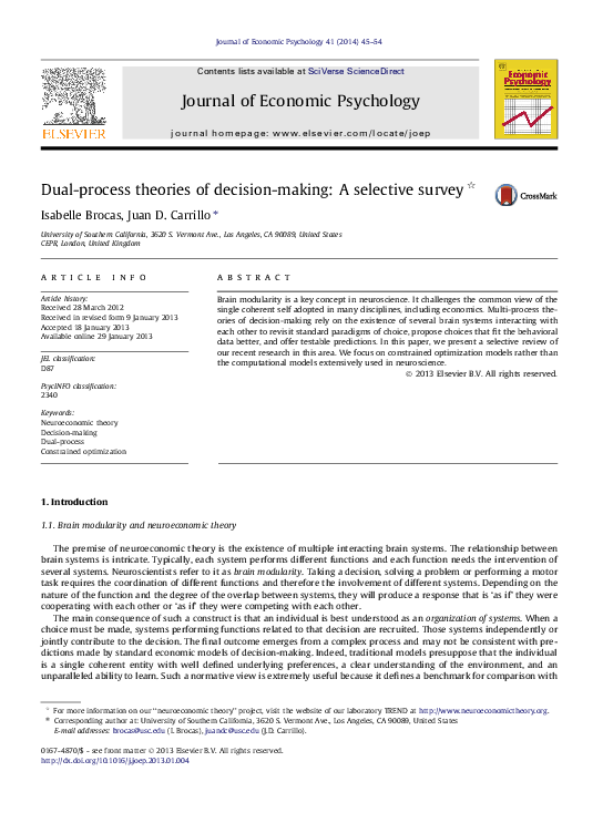 (PDF) Dual-process theories of decision-making: A selective survey