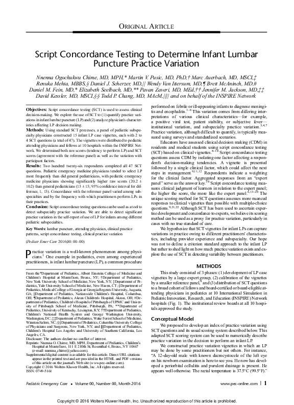 (PDF) Script Concordance Testing to Determine Infant Lumbar Puncture ...