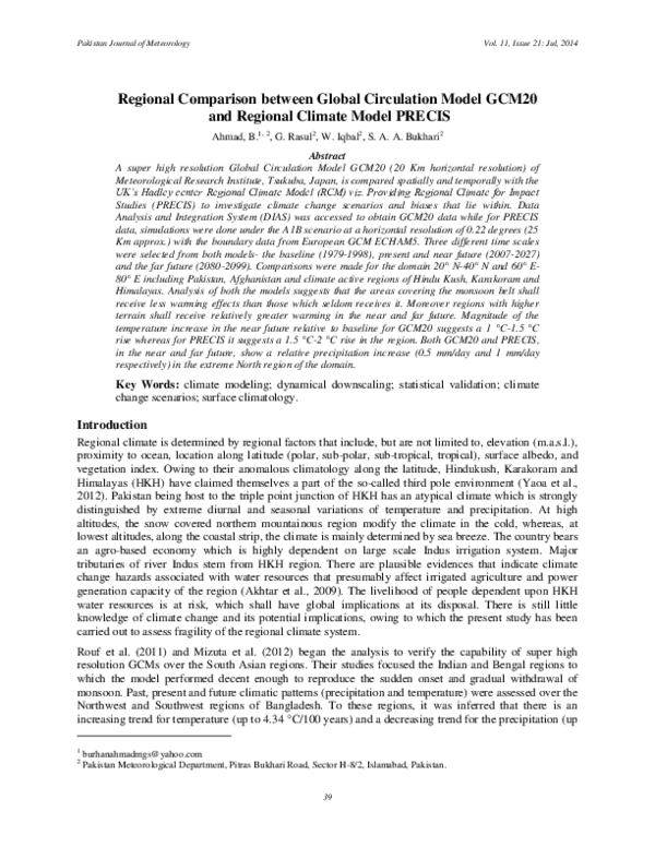 Pdf Regional Comparison Between Global Circulation Model Gcm20 And