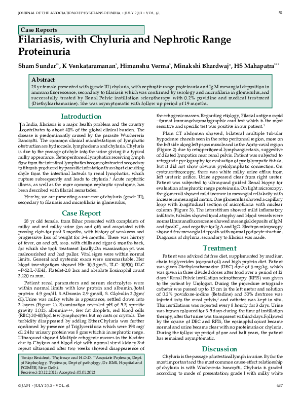 (PDF) Filariasis, with chyluria and nephrotic range proteinuria