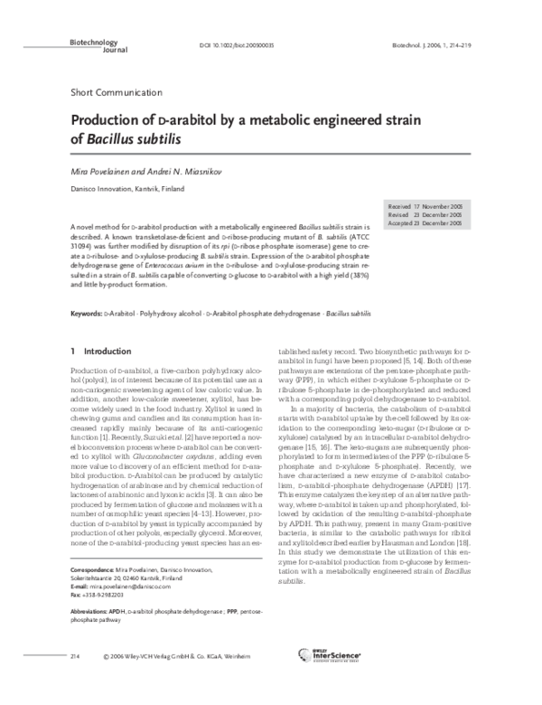 (PDF) Production ofD-arabitol by a metabolic engineered strain ...