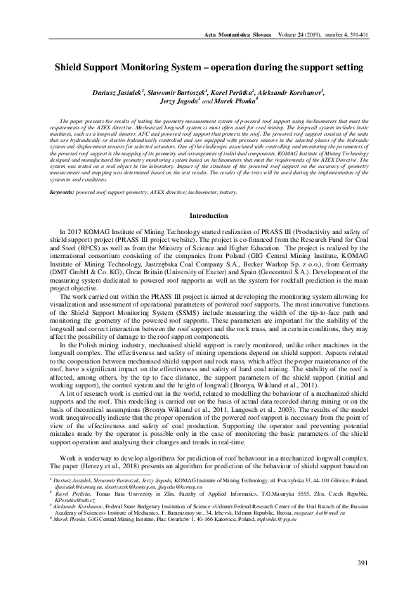 (PDF) Shield Support Monitoring System – operation during the support ...