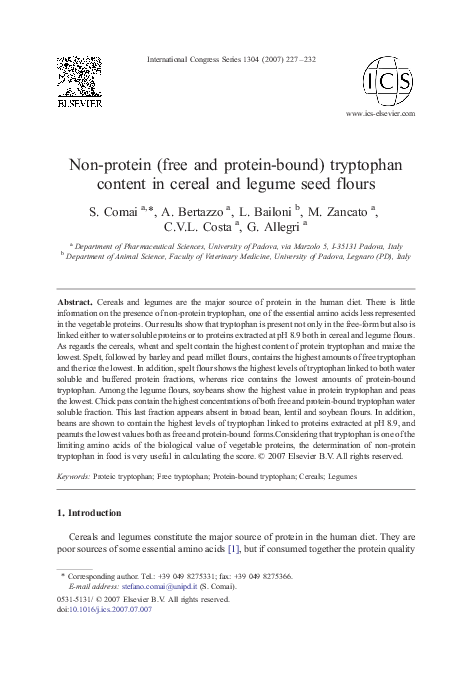 (PDF) Non-protein (free and protein-bound) tryptophan content in cereal and legume seed flours