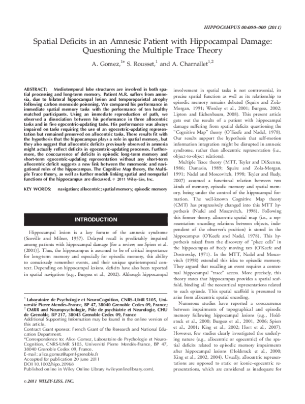 (PDF) Spatial deficits in an amnesic patient with hippocampal damage ...