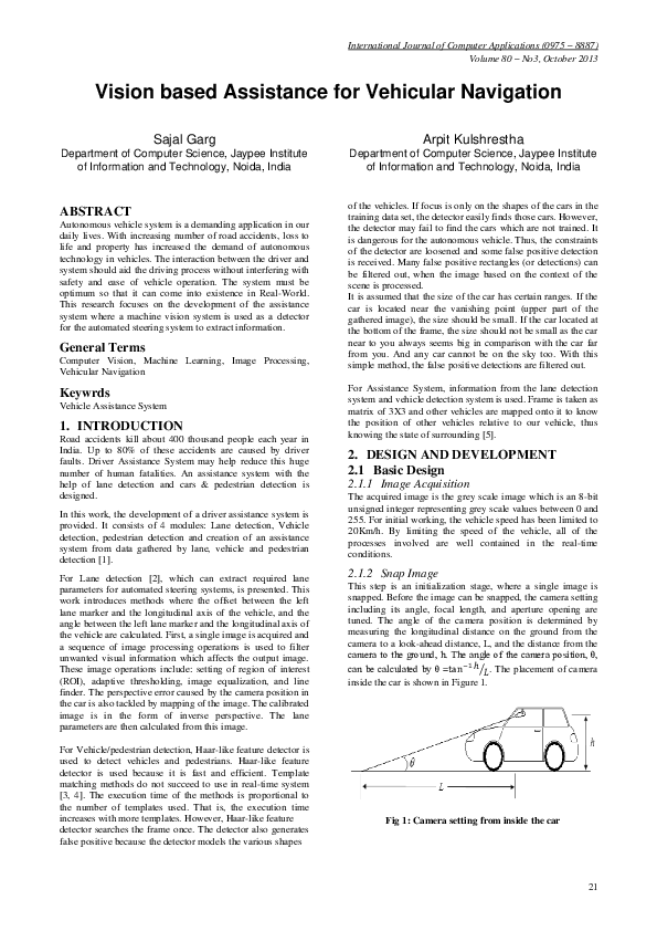 Pdf Computer Vision Machine Learning Image Processing Vehicular Navigation Sajal Garg