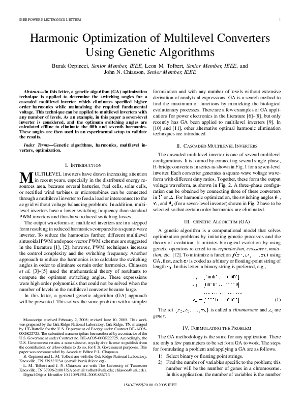 (PDF) Harmonic Optimization of Multilevel Converters Using Genetic Algorithms