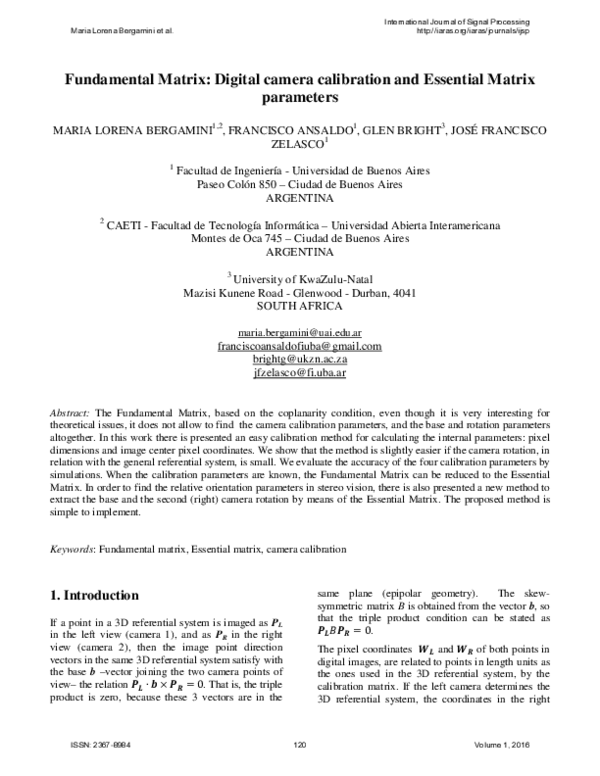 (PDF) Fundamental Matrix: Digital camera calibration and Essential Matrix parameters