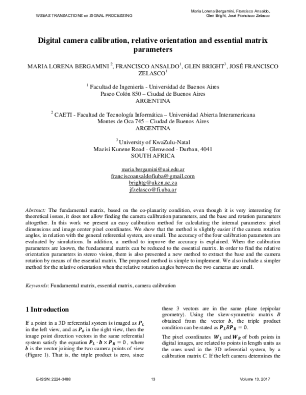 Pdf Digital Camera Calibration Relative Orientation And Essential